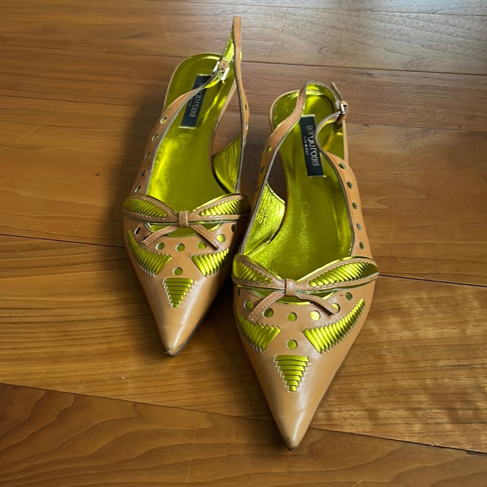Sergio Rossi Tan Kitten Heel Slingbacks With Metallic… - Gem